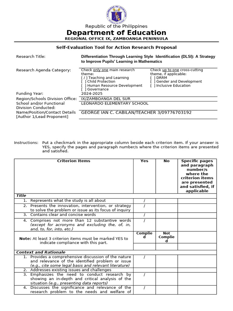 6a. Self-Evaluation Tool_AR Proposal (1) | PDF | Qualitative Research | Survey Methodology
