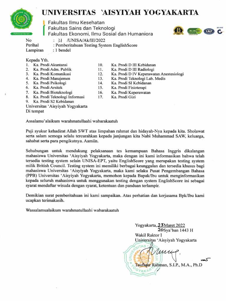 Surat Pemberitahuan Testing System EnglishScore - 1 | PDF