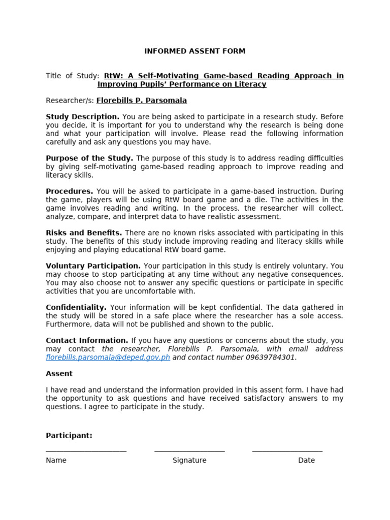 Sample Assent Form (Minor) | PDF | Literacy | Learning