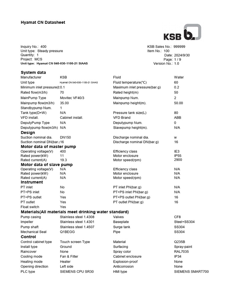 KSB Hyamat CN Pump Datasheet | PDF | Pump | Electric Motor