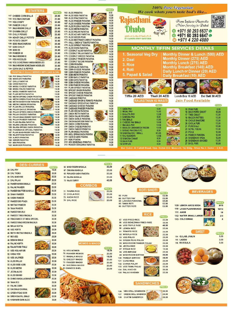 Rajasthani Dhaba Menu Highlights | PDF | Milkshake | Foods