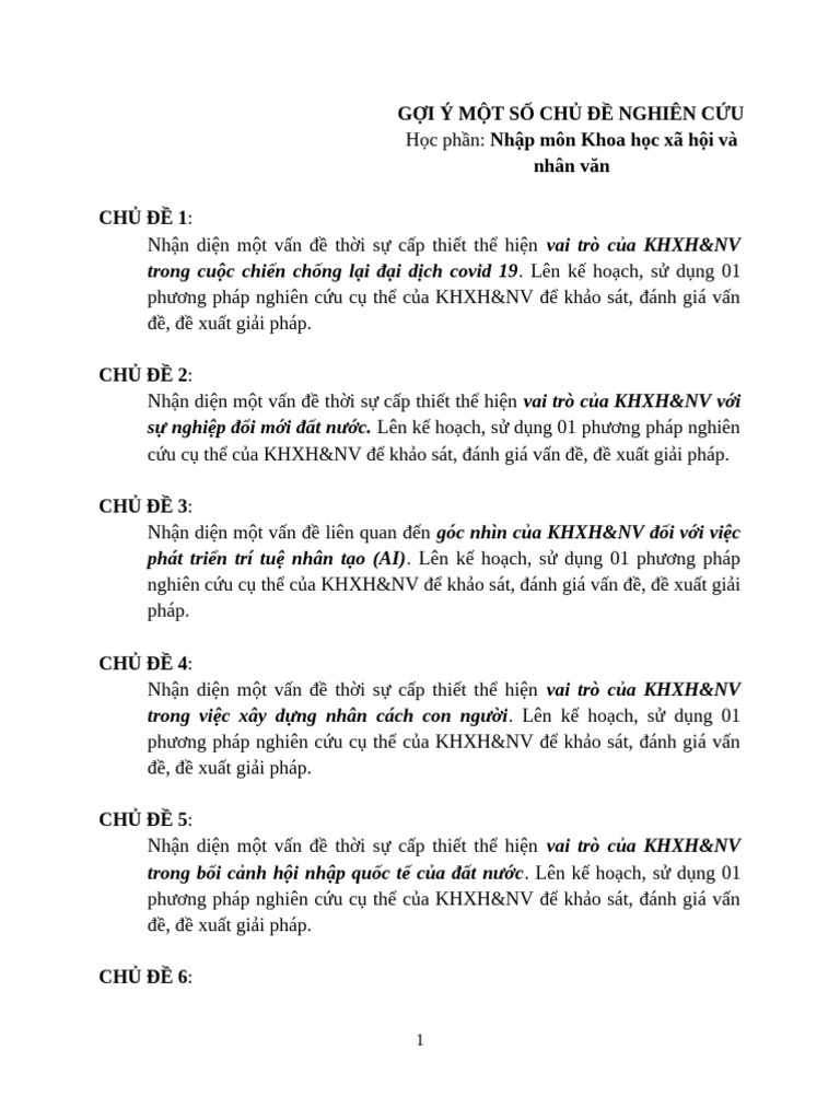 Goi y Mot So Chu de Nghien Cuu Nhap Mon KHXH | PDF