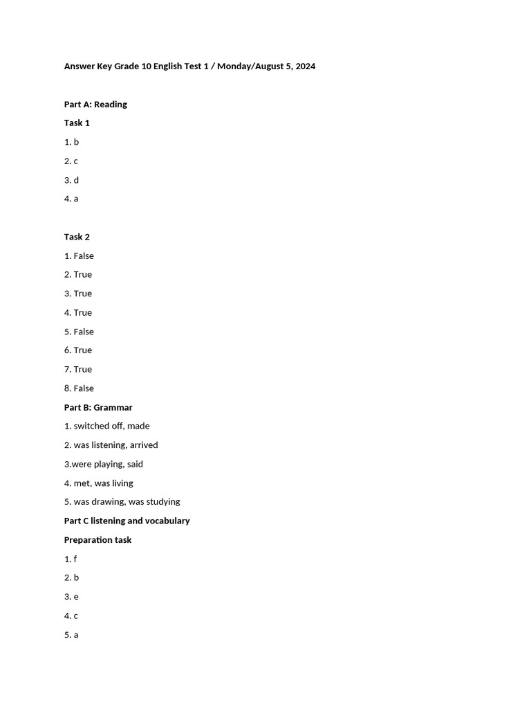 Answer Key Grade 10 English Test 1 | PDF