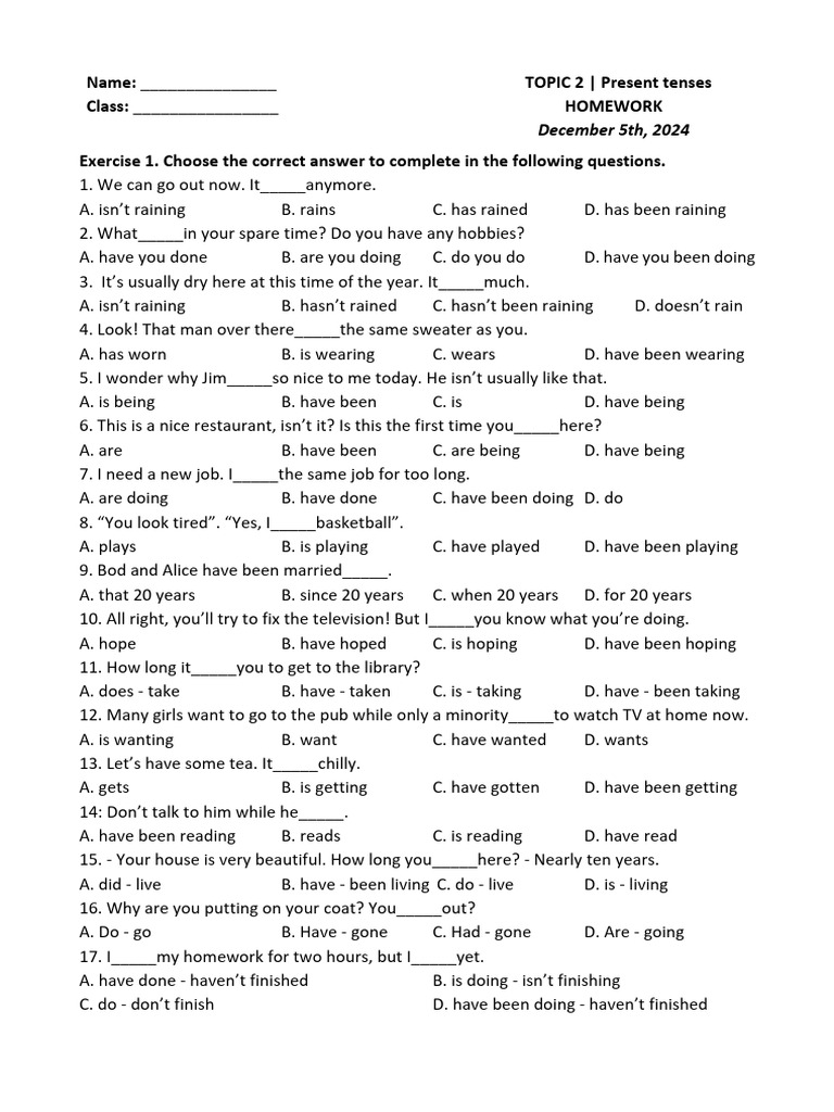Present Tenses Homework Exercises | PDF
