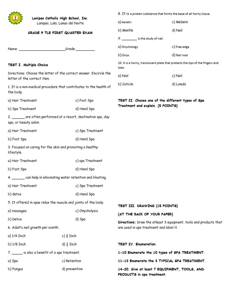 GRADE 9 FIRST QUARTER EXAM | PDF | Nail (Anatomy) | Spa