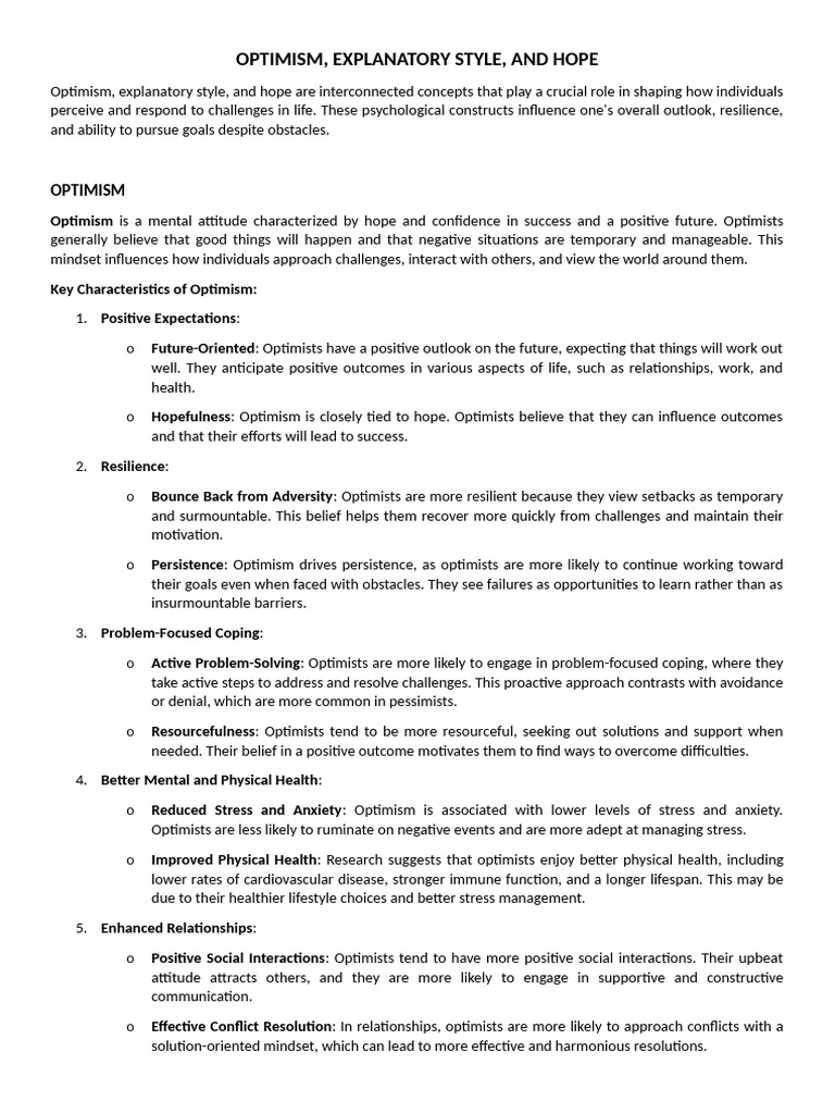Positive Psych Optimism Explanatory Style Hope | PDF | Optimism | Hope