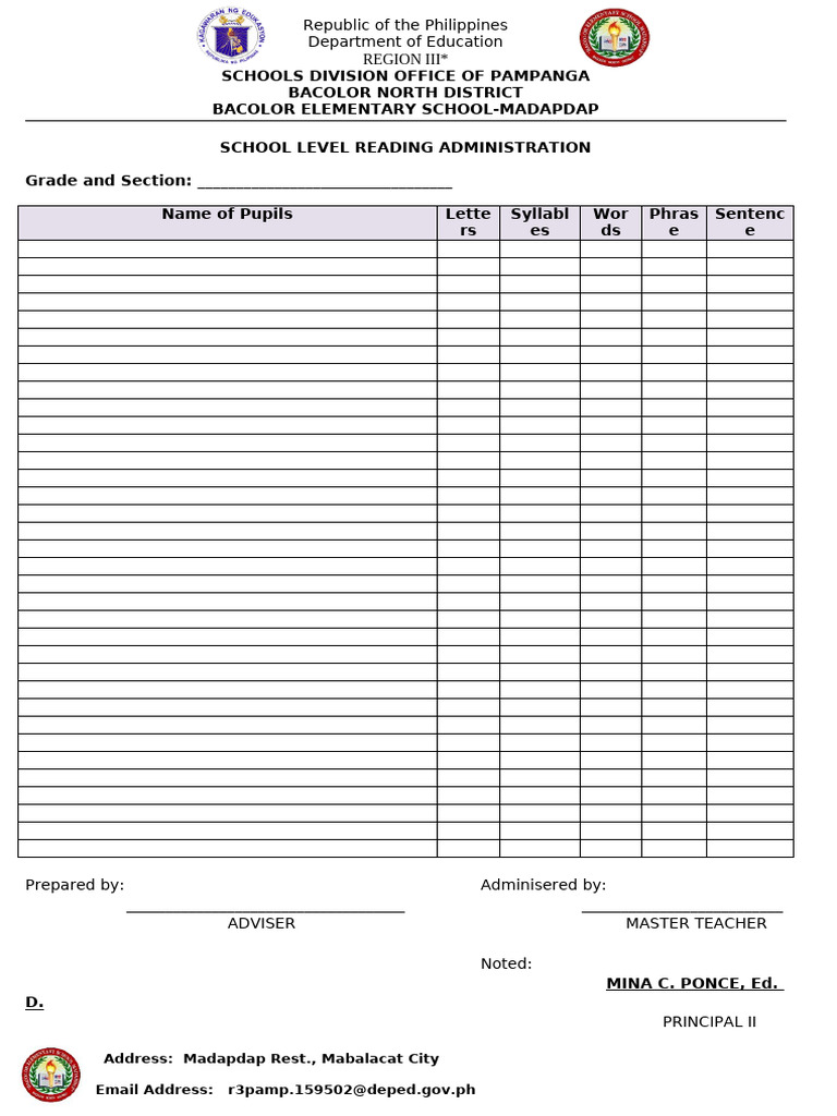 School Level Reading Administration Form | PDF
