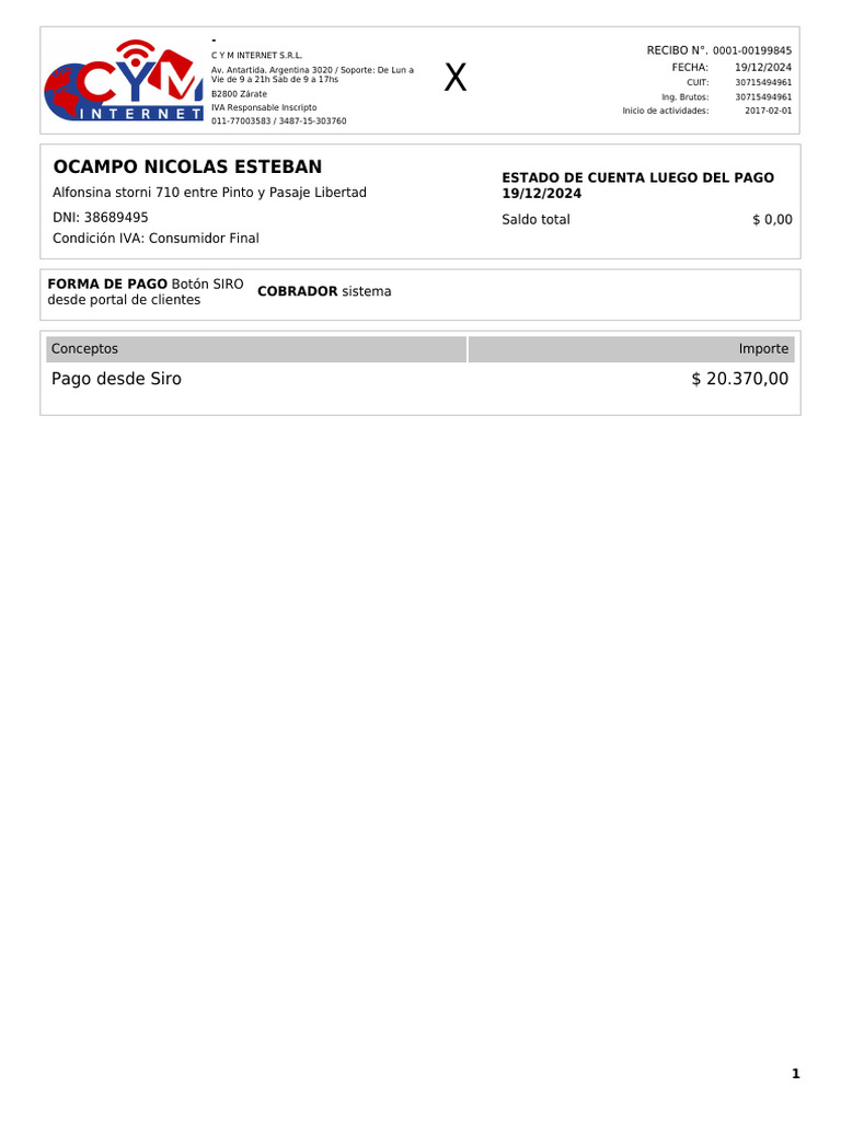 RECIBO 1 199845 Cliente 8933 | PDF