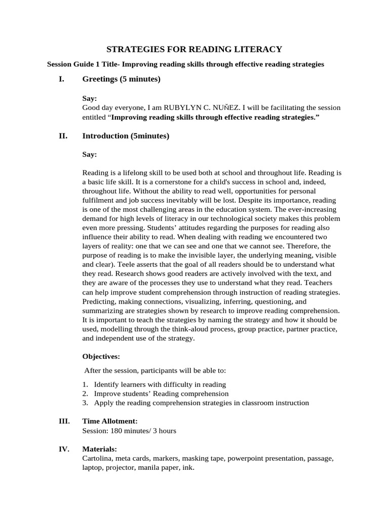Session Guide-Reading Literacy | PDF | Reading Comprehension | Literacy