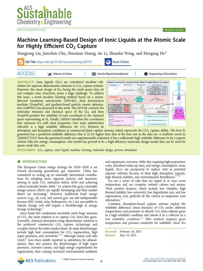 Liu Et Al. - 2023 - Machine Learning-Based Design of Ionic Liquids at | PDF | Carbon Dioxide | Ion
