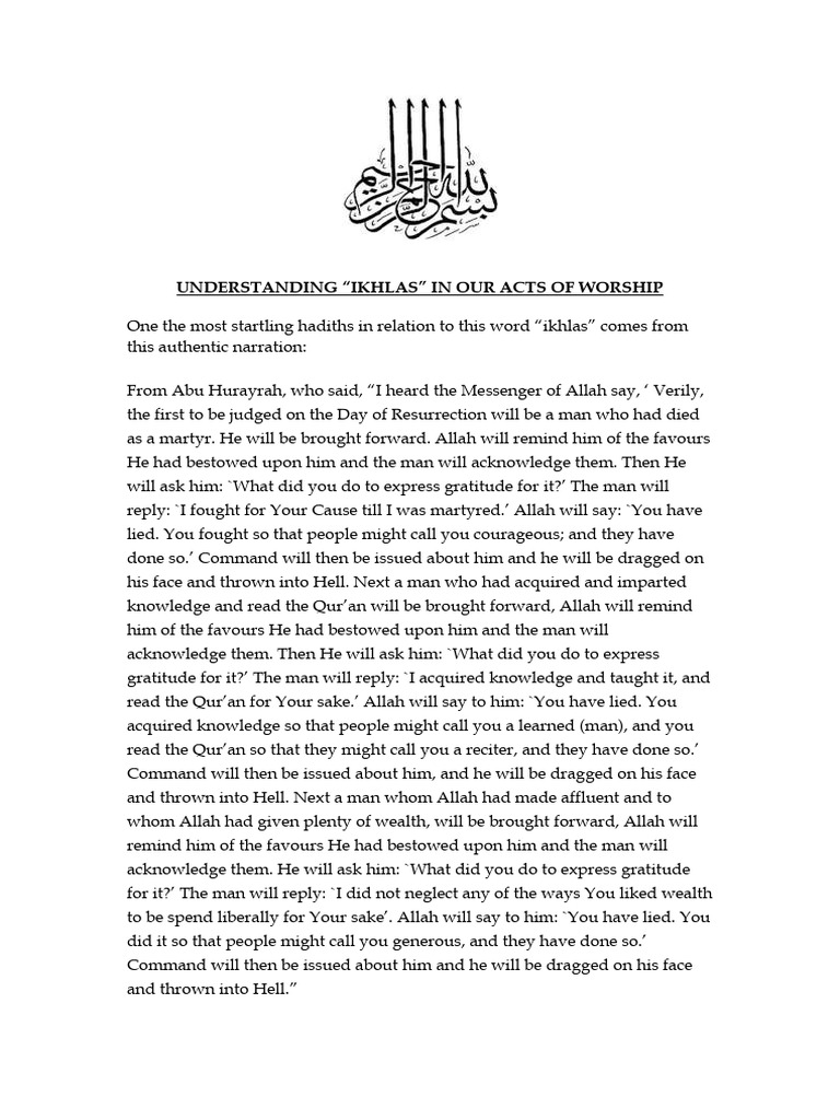 Ikhlas Understanding Ikhlas in Our Acts of Worship | PDF | Hadith | God ...