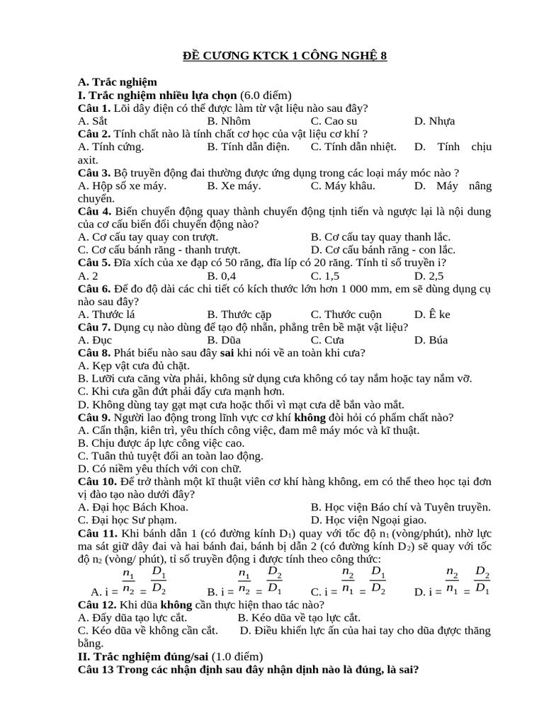 ĐỀ CƯƠNG KTCK 1 CÔNG NGHỆ 8 | PDF