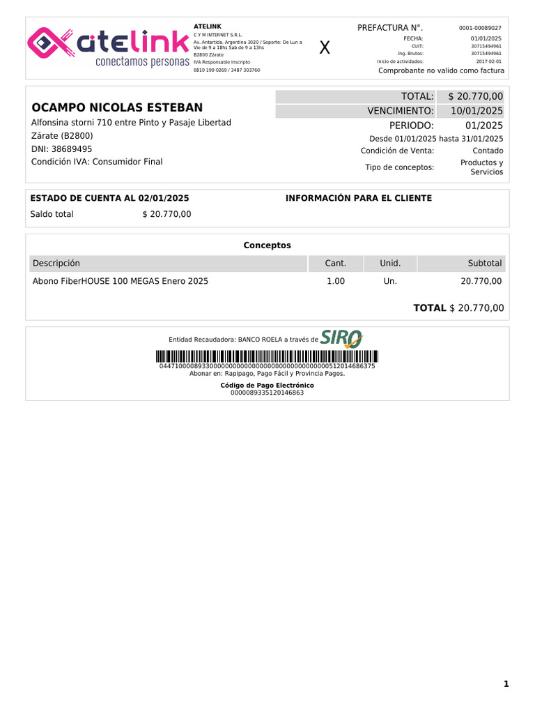 PREFACTURA 1 89027 Cliente 8933 | PDF | Pagos