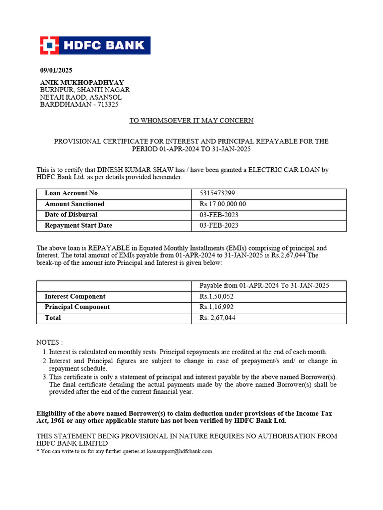 Provisional Electric Car Loan Certificate | PDF