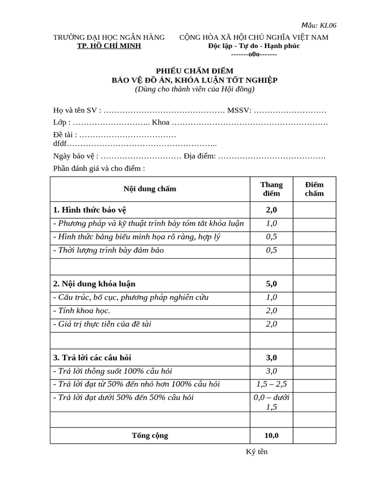 1004kl06 - Phieu Cham Diem KLTN - HD | PDF