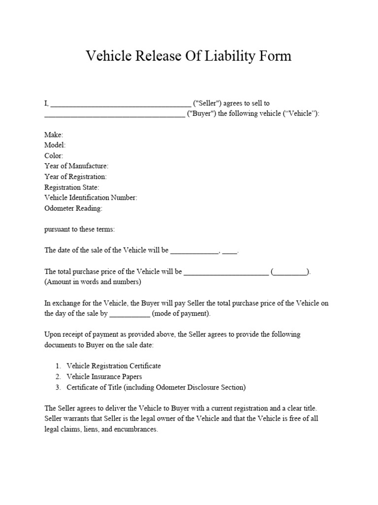 Vehicle Release of Liability Agreement | PDF