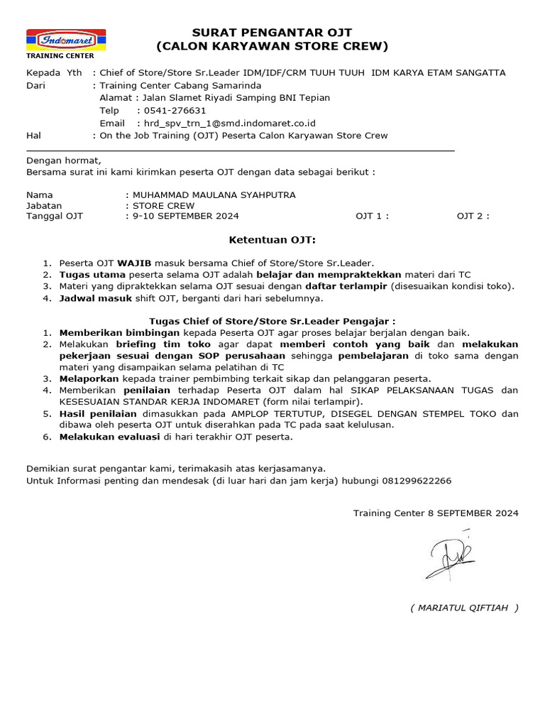 Surat Pengantar Ojt | PDF