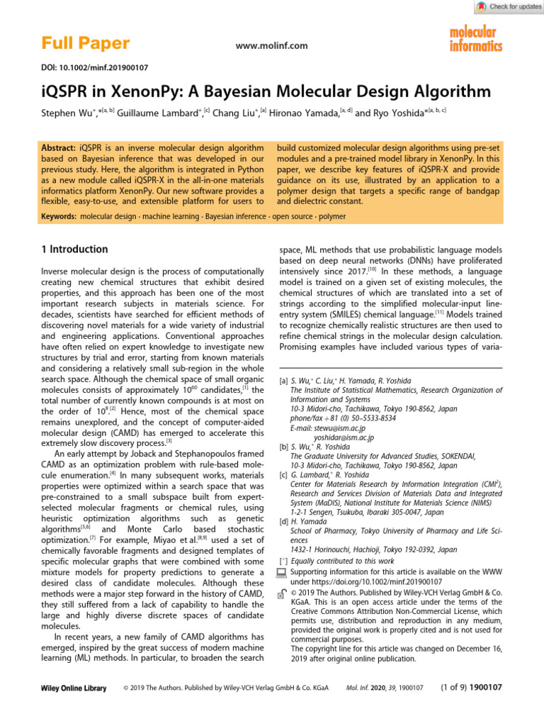 Wu Et Al. - 2020 - iQSPR in XenonPy A Bayesian Molecular Design Algo | PDF | Density Functional ...