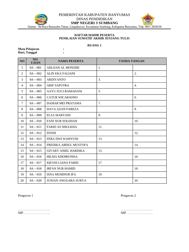 Daftar Hadir Peserta Ujian Tulis | PDF