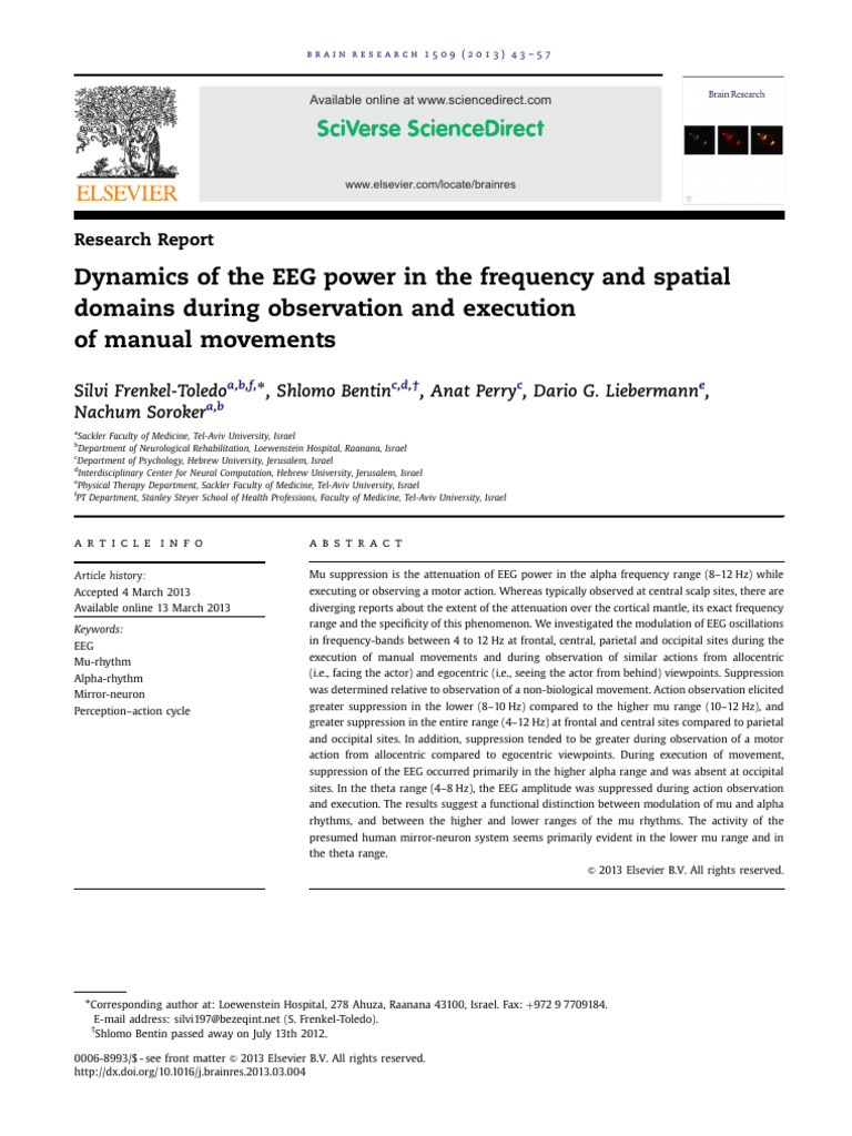 Dynamics of the EEG Power in the Frequency and Spatial Domans During Observation and Execution ...
