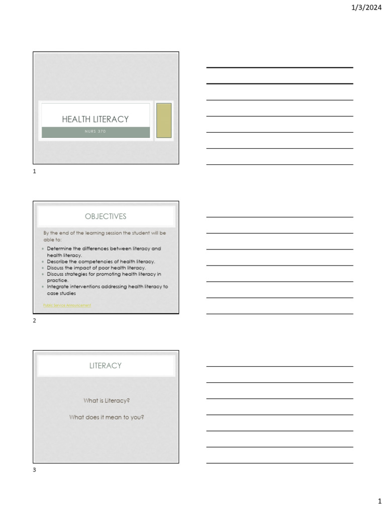 Health Literacy Student - PPT 3 Slides Per Page PDF | PDF | Literacy ...