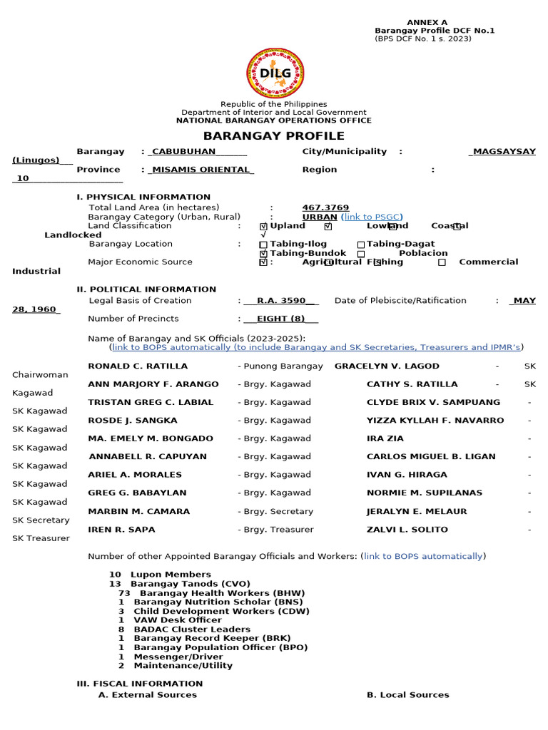 BIS-BPS Annex A DCF No. 1 (Revised 2024) - Barangay Profile | PDF