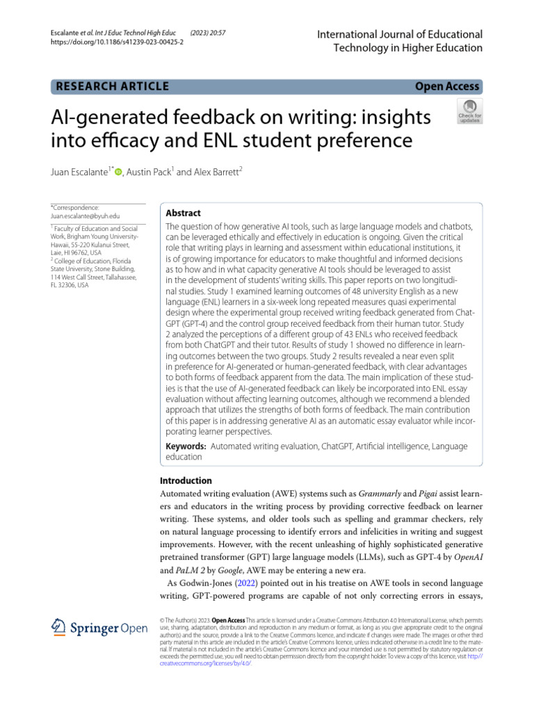 AIgenerated Feedback On Writing Insights Into Efficacy and ENL Student ...
