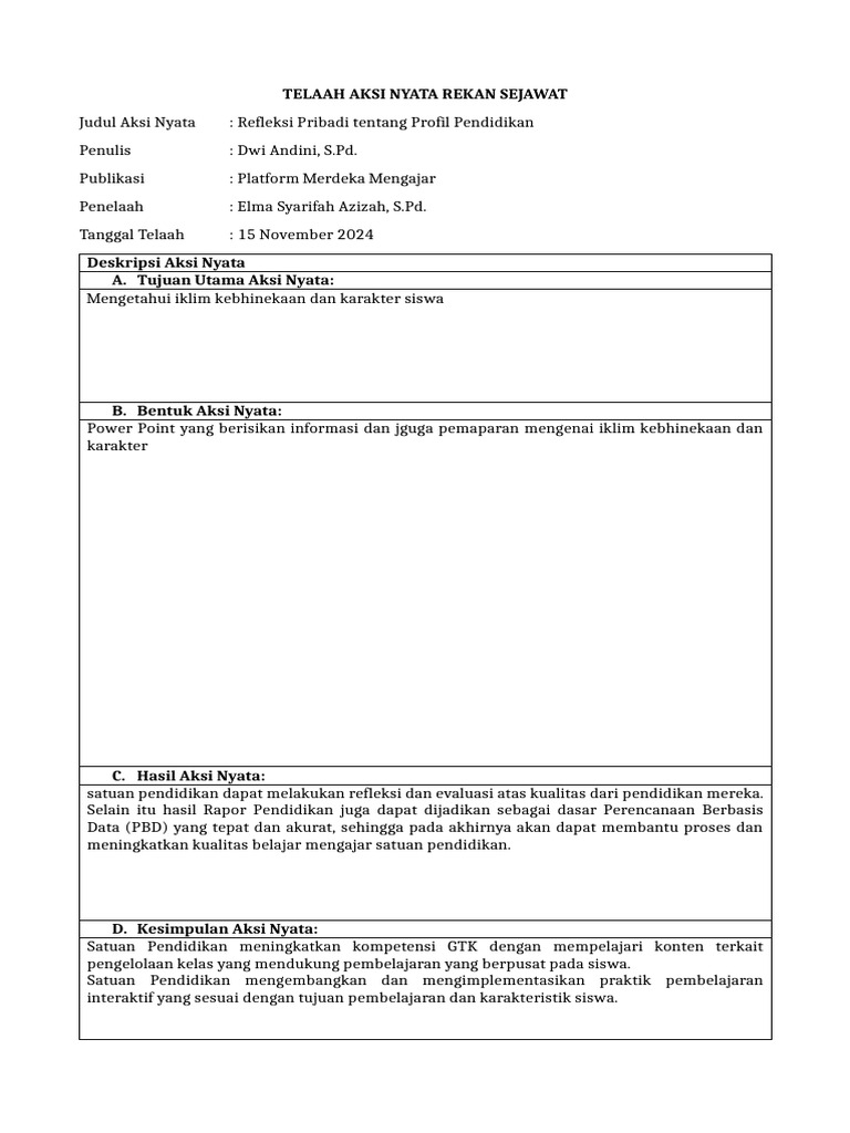 Instrumen Telaah Aksi Nyata Rekan Sejawat | PDF