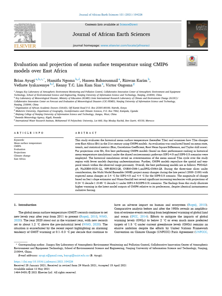 Evaluation and Projection of Mean Surface Temperature Using CMIP6 ...