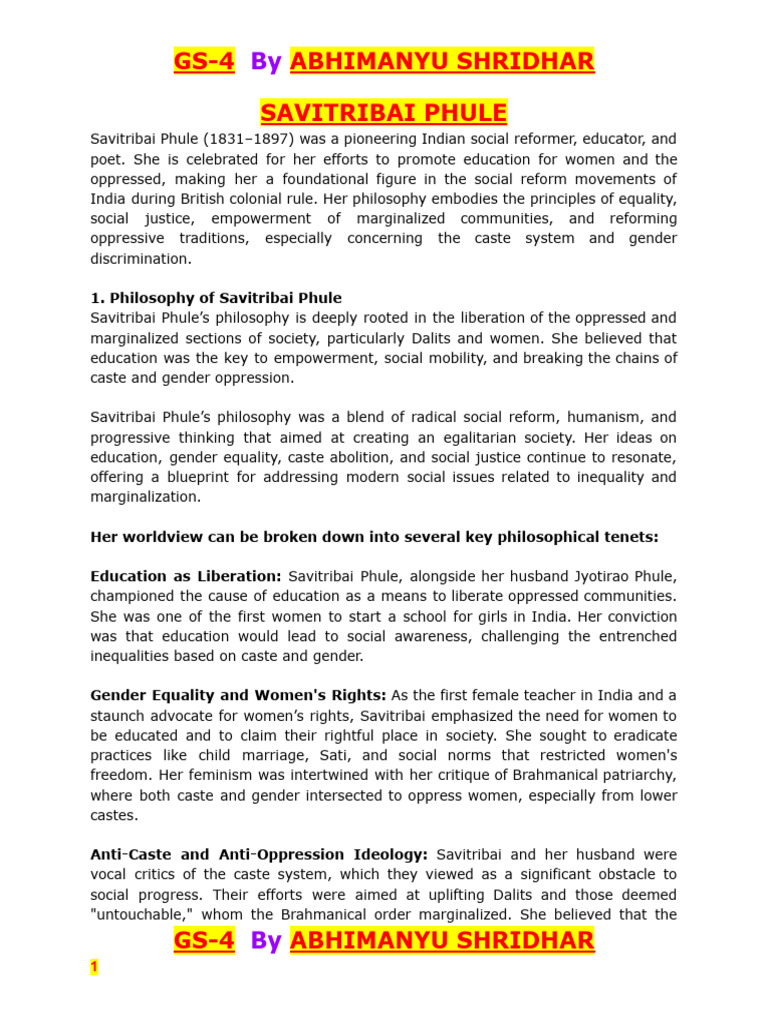 SAVITRIBAI PHULE (Ethics Notes) | PDF | Social Exclusion | Dalit