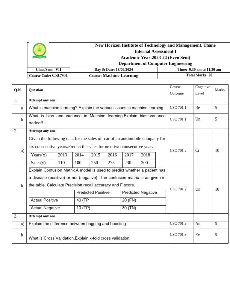 Machine Learning IA1 Revised Paper | PDF | Machine Learning | Cross ...