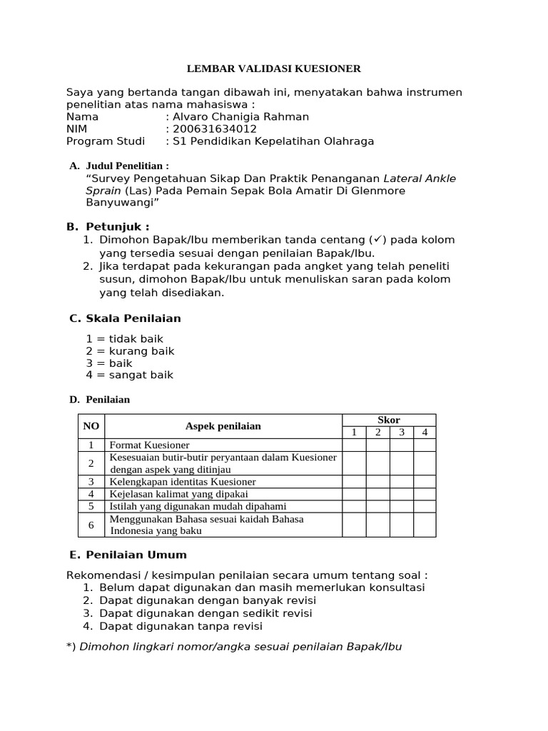 Lembar Validasi Kuesioner | PDF