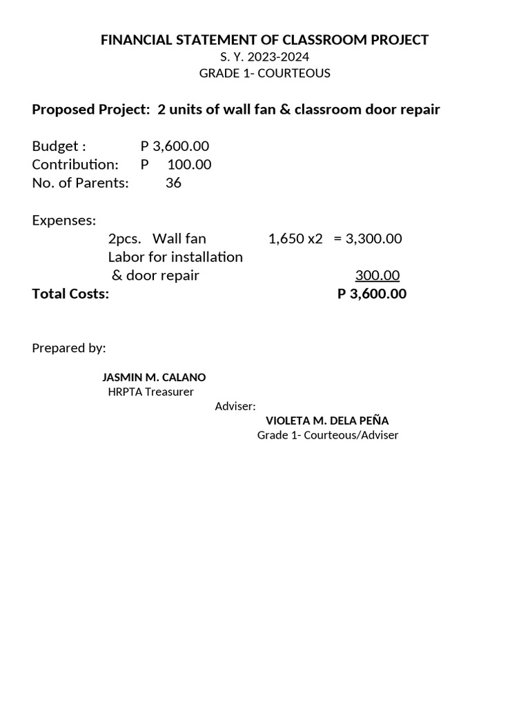 Classroom Project Financial Report | PDF