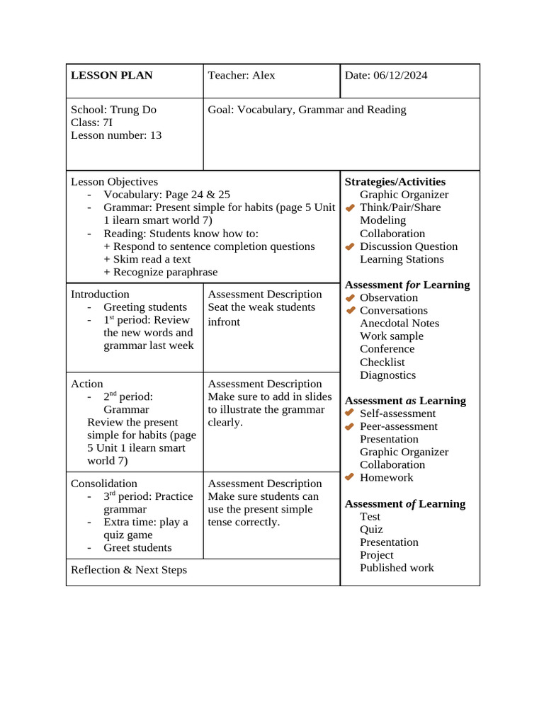 THCS Trung Do_Class 7I_Lesson Plan 13 | PDF | Vocabulary | Cognitive Science