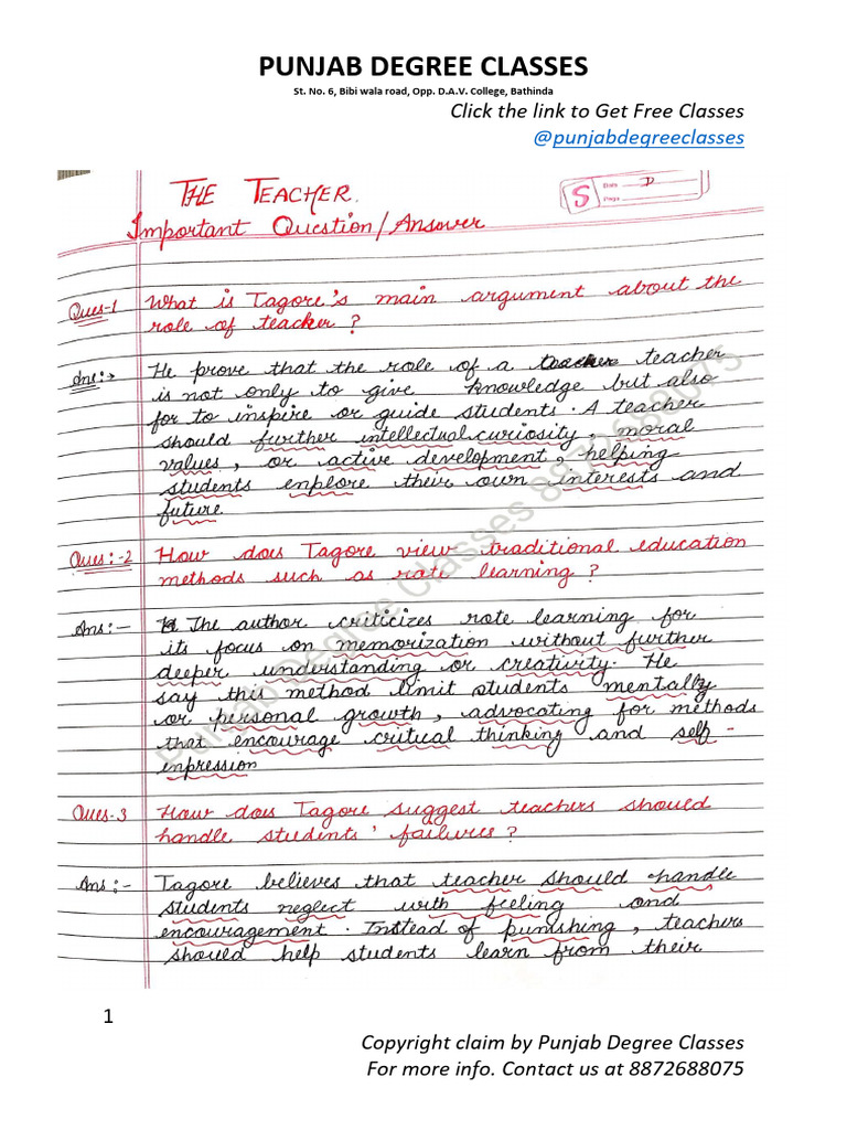Section a Chapter 4 the Teacher Important Question Answers With | PDF