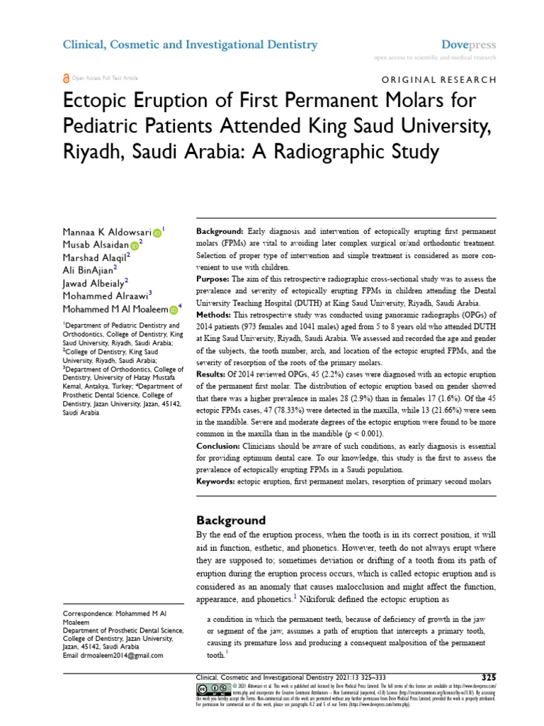 Ectopic Eruption of First Permanent Molars For | PDF | Human Tooth ...