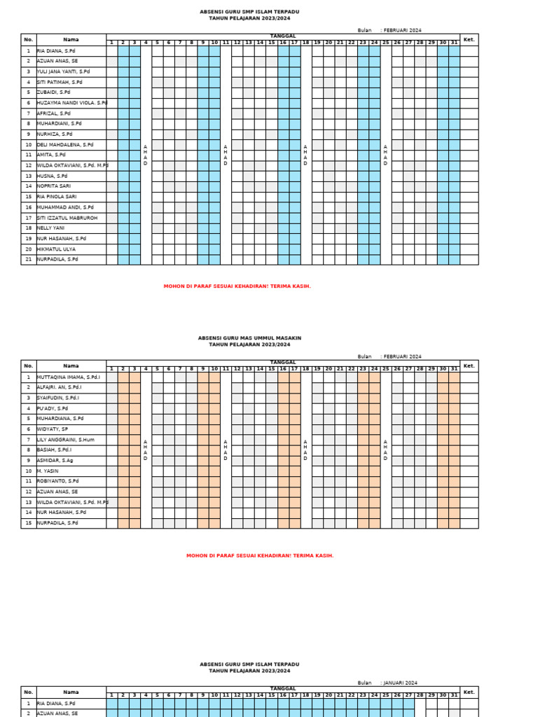 Absensi Guru Sore 2023-2024 | PDF