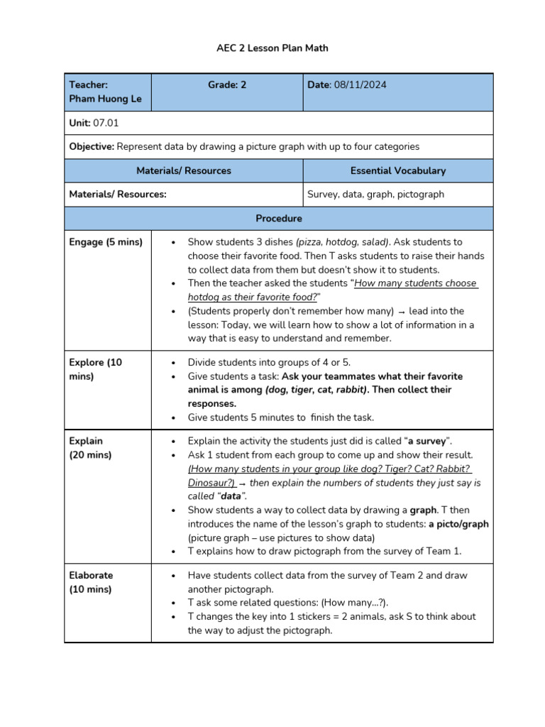 AEC2 - Math Lesson Plan - Laughs and Picture Graphs - 08.11 | PDF | Learning