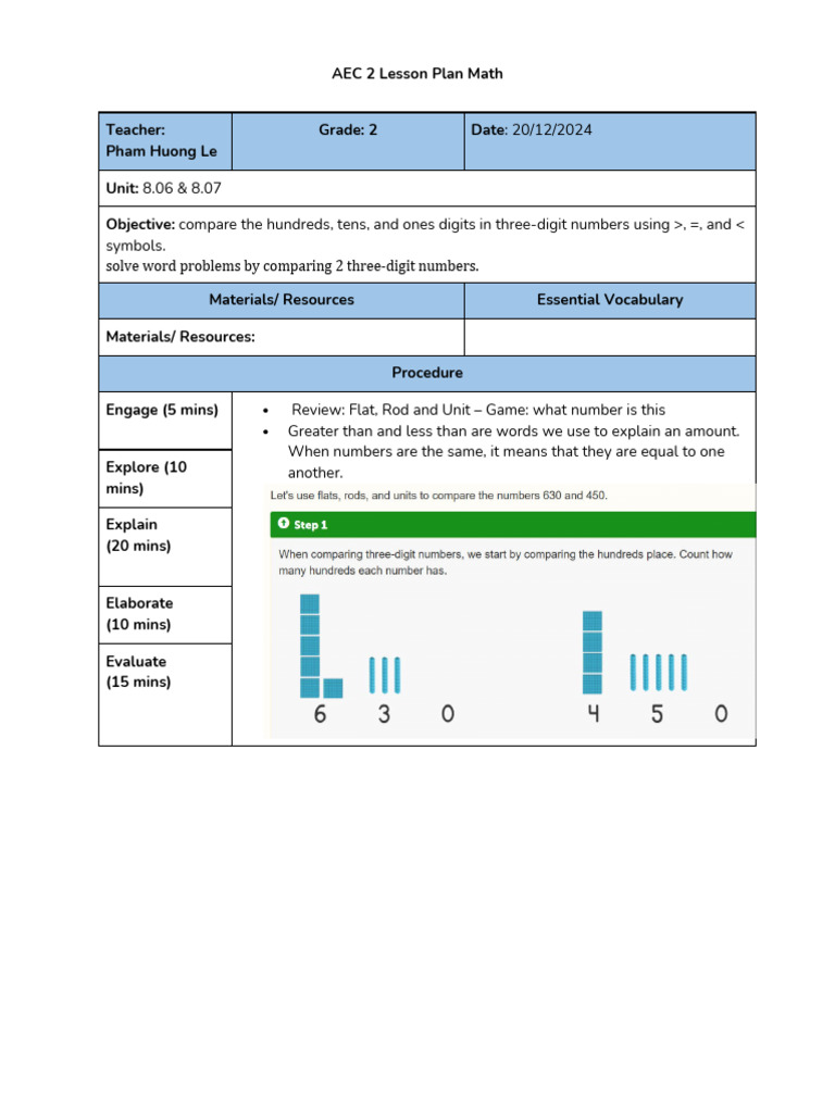 AEC2 - Math Lesson Plan - 8.06 & 8.07 | PDF