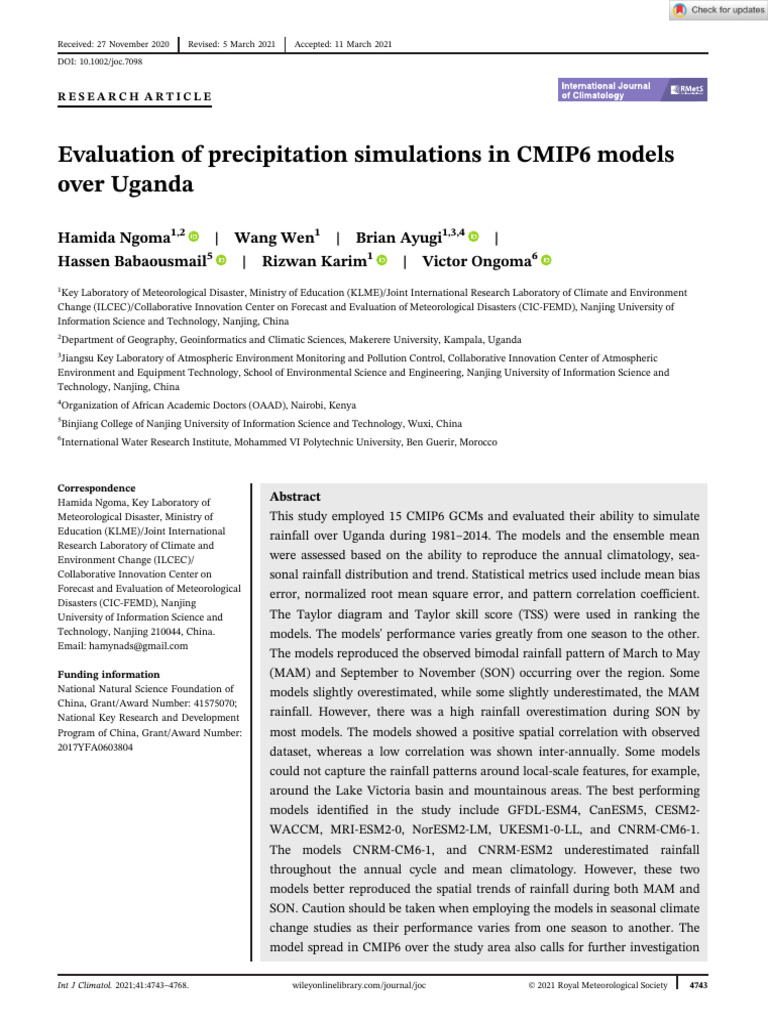 Evaluation of Precipitation Simulations in CMIP6 Models Over Uganda ...