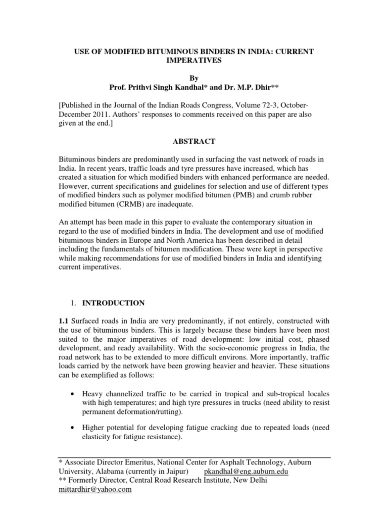 Use of Modified Bituminous Binders in India - Current Imperatives | PDF ...