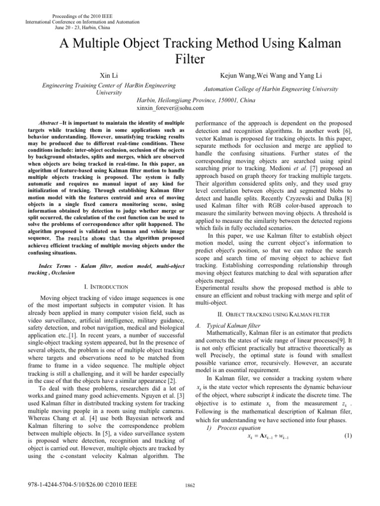 A Multiple Object Tracking Method Using Kalman Filter Pdf Kalman Filter Computer Vision