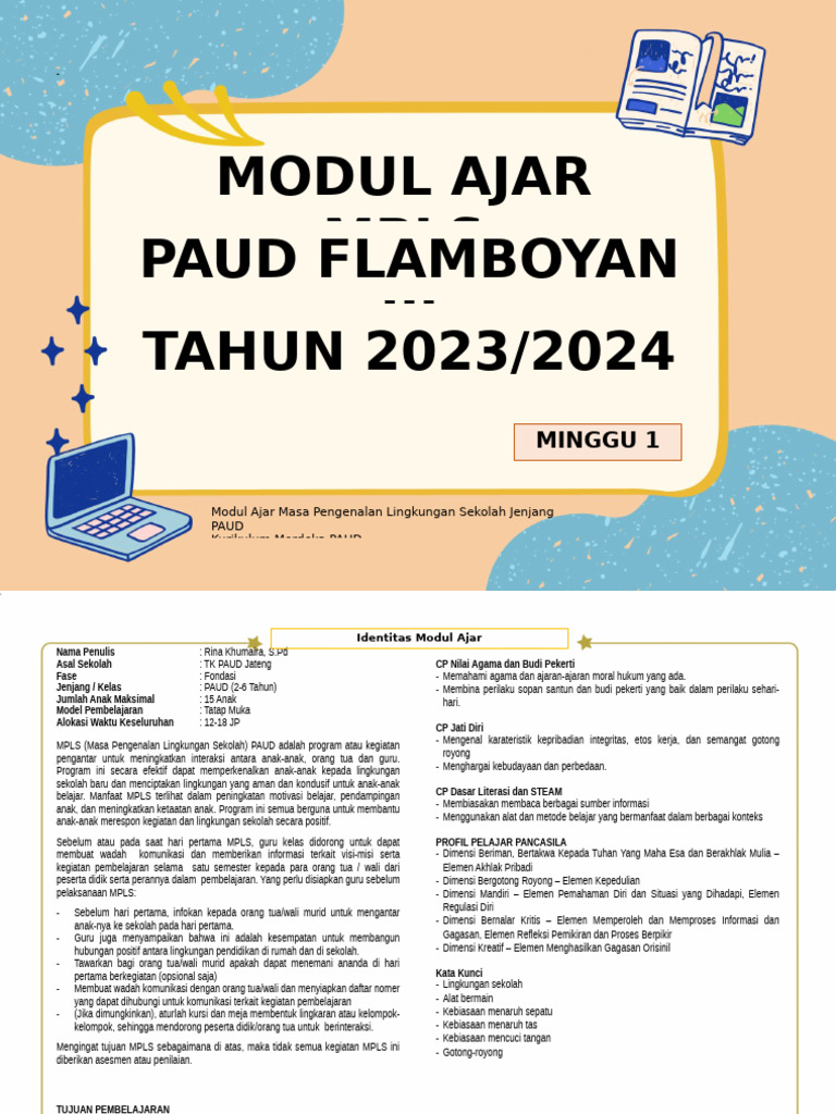 RPP Modul Ajar MPLS PAUD Jateng 2023-2024 - Minggu 1 | PDF