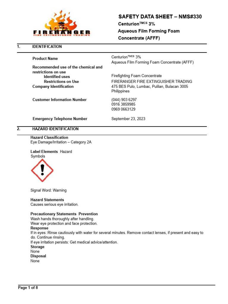 MSDS Fireranger Afff Chemical | PDF | Toxicity | Magnesium