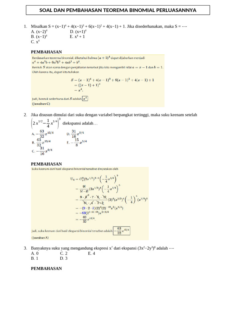 SOAL DAN PEMBAHASAN TEOREMA BINOMIAL PERLUASANNYA | PDF