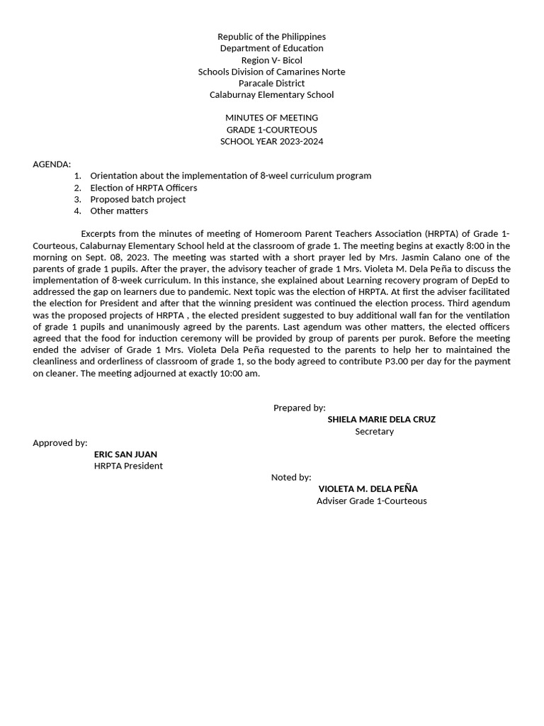 Minutes of Hrpta 2023-2024 | PDF | Curriculum | Learning