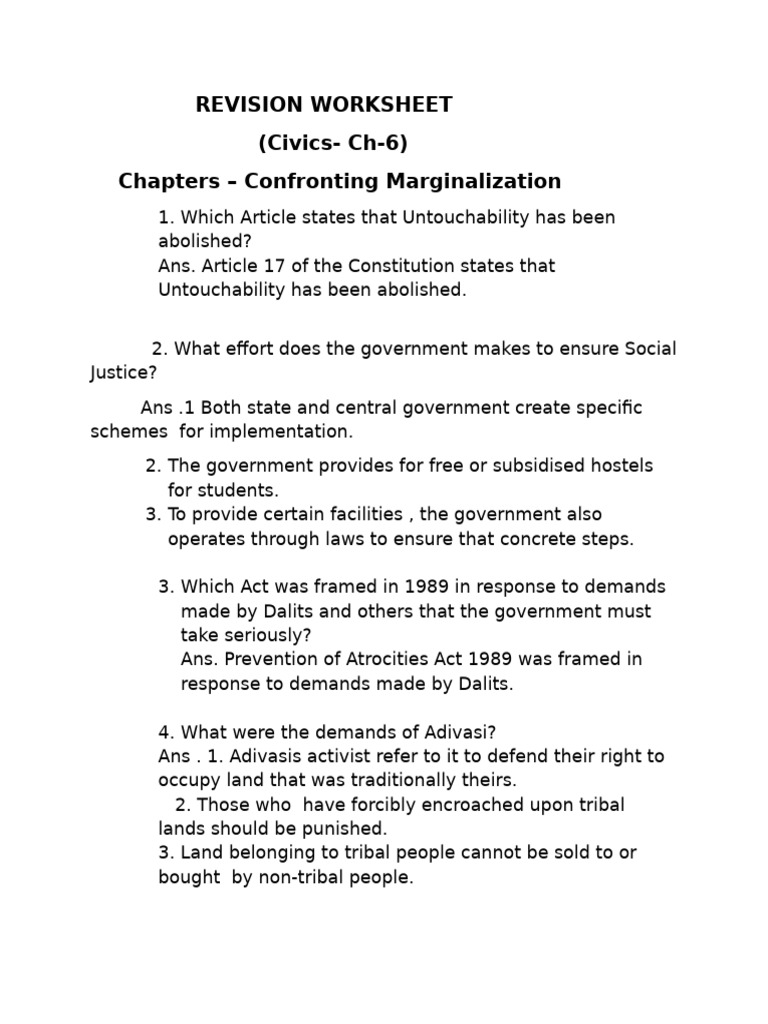 Revision Worksheet - PT-2 (Civics) | PDF | Dalit | Justice