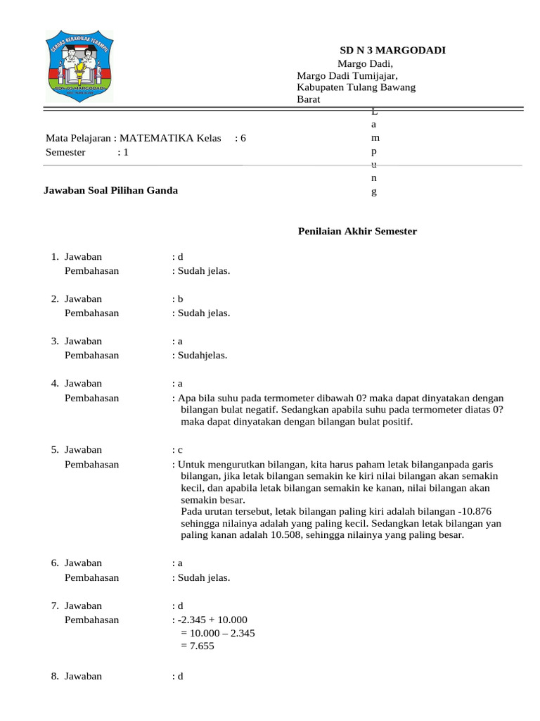Kunci Jawaban UAS MTK Kelas 6 | PDF