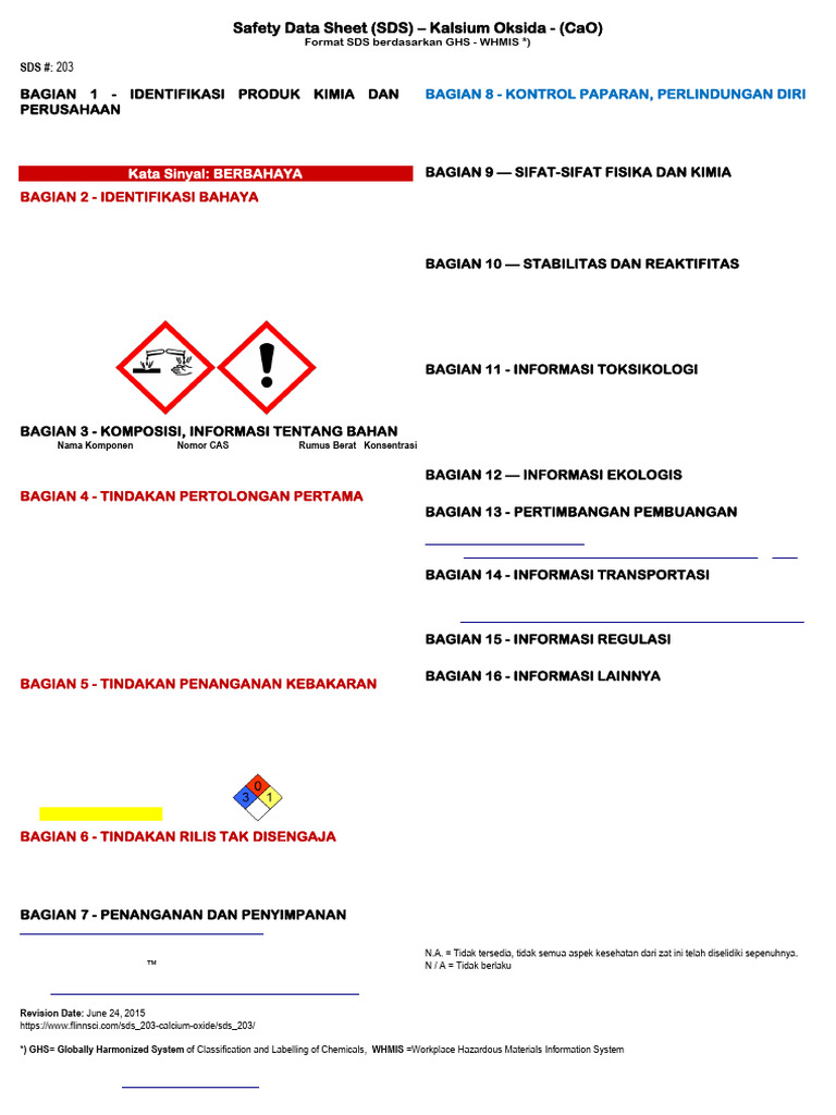 MSDS - Kalsium Oksida - CaO - INA | PDF