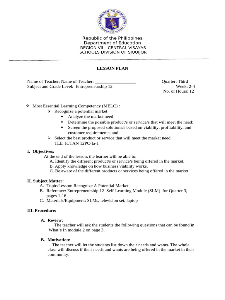 Prototype-lesson-plan-Entrep-Module-2 | PDF | Lesson Plan | Teachers